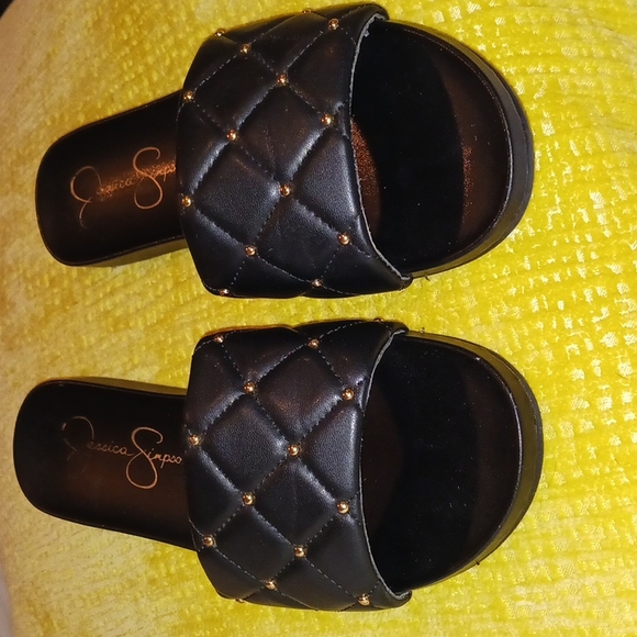 Jessica Simpson | Shoes | Jessica Simpson Black And Gold Slides | Poshmark